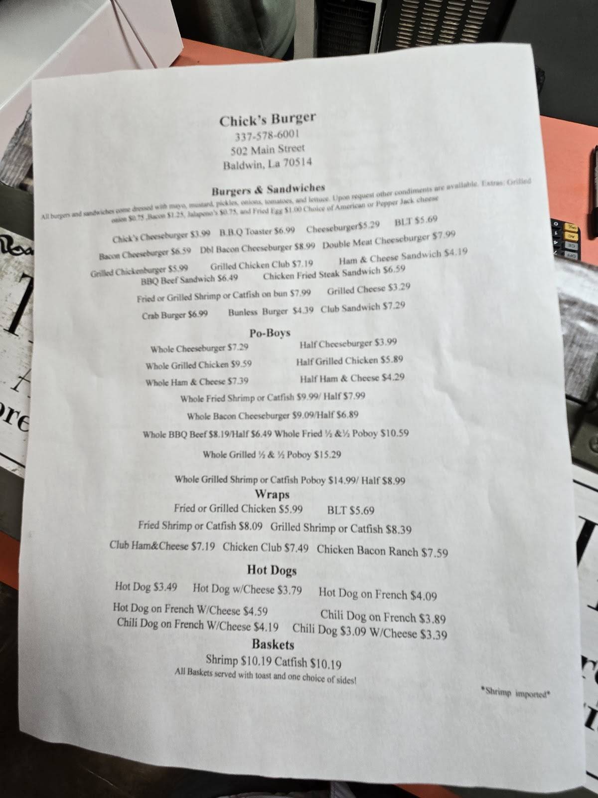 Menu at Chick's Burger restaurant, Baldwin
