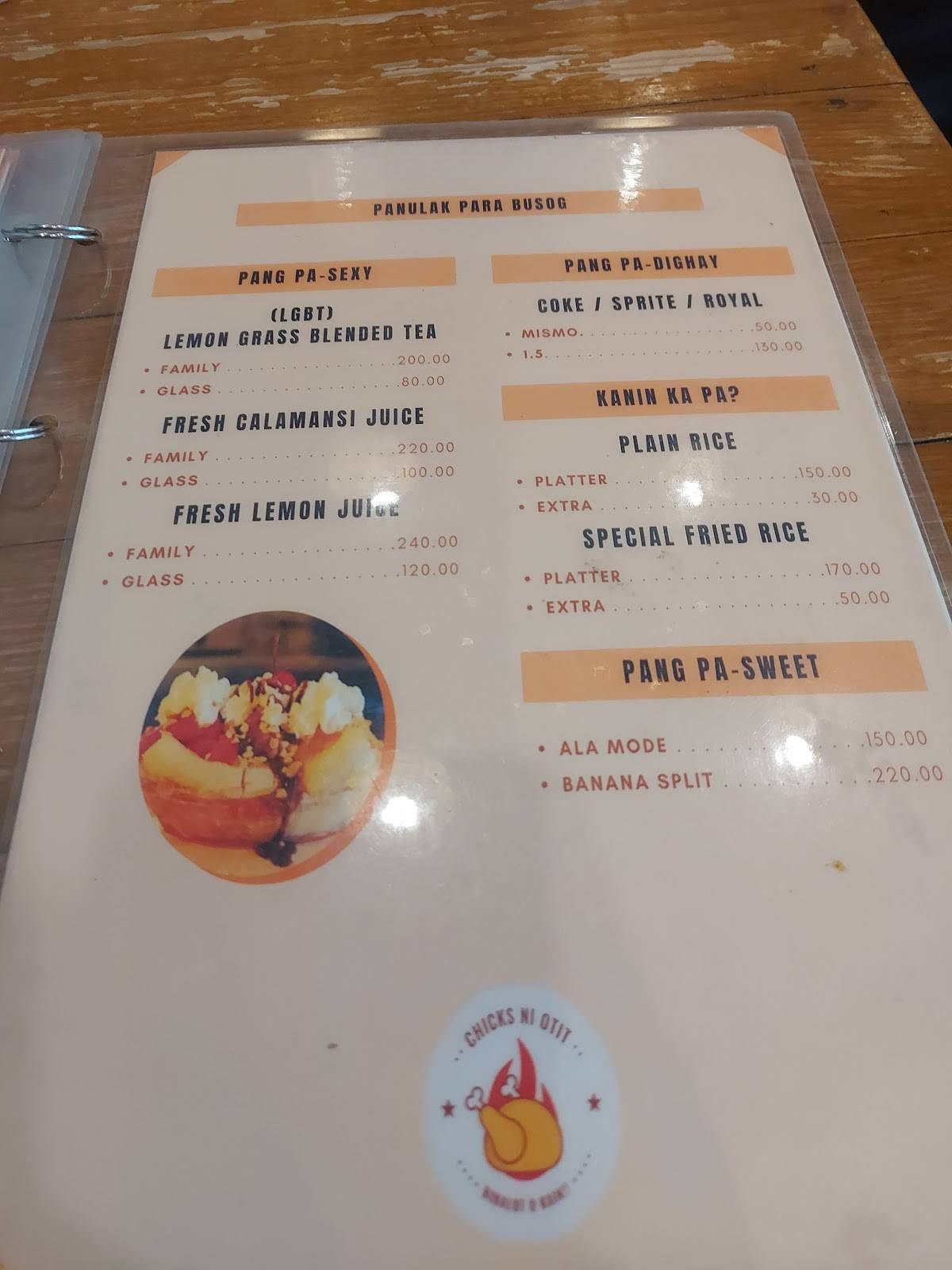 Menu at Chicks ni Otit restaurant, General Trias
