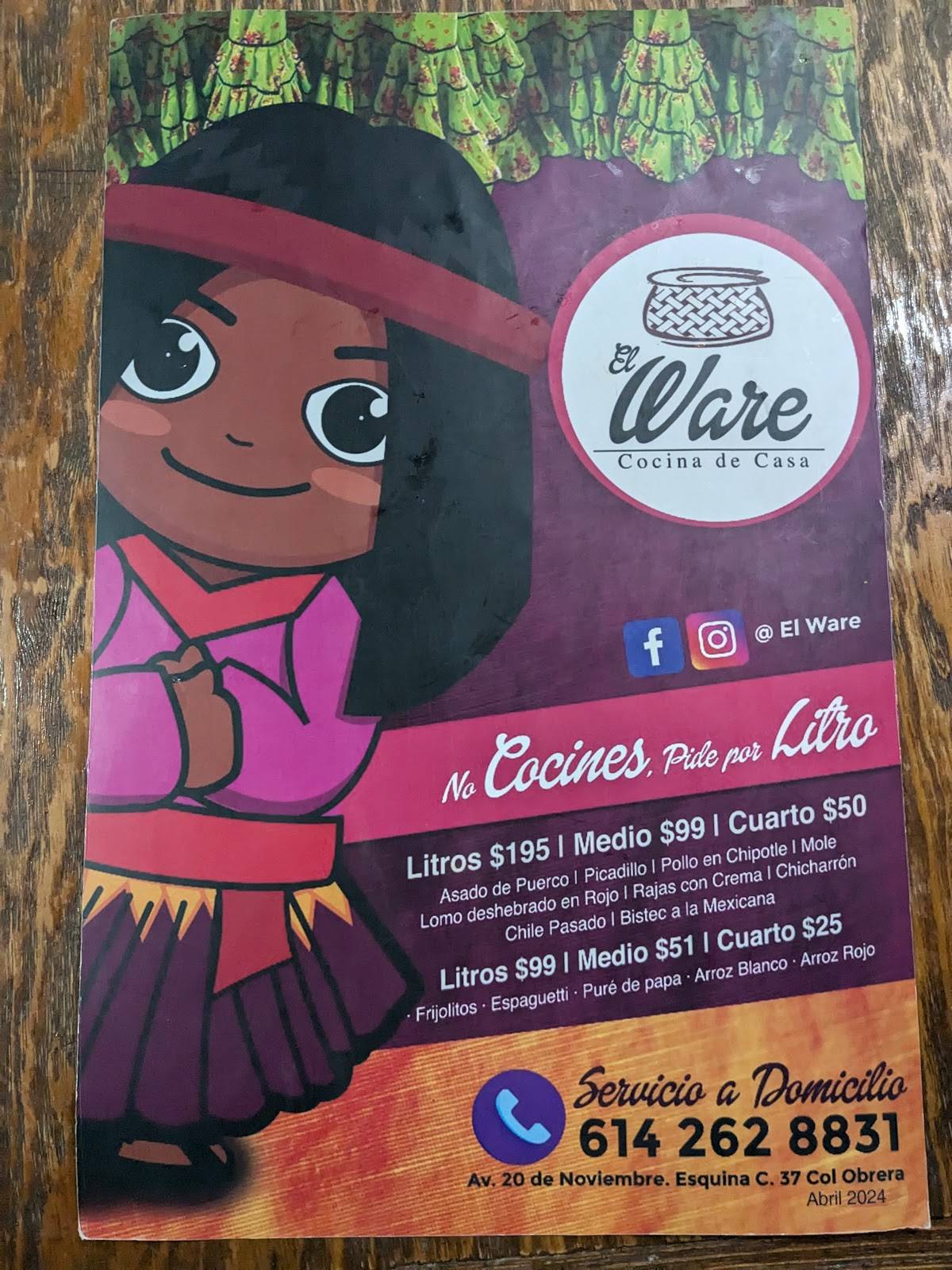 Carta del restaurante El Ware, Chihuahua