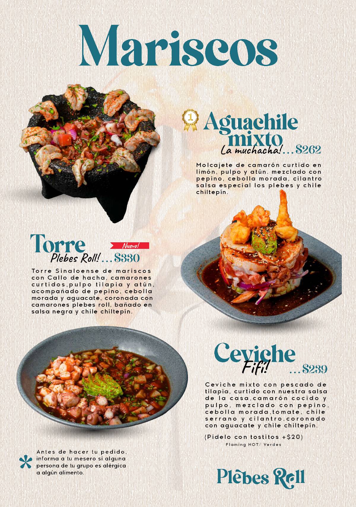 Carta del restaurante Plebes Roll, Chihuahua