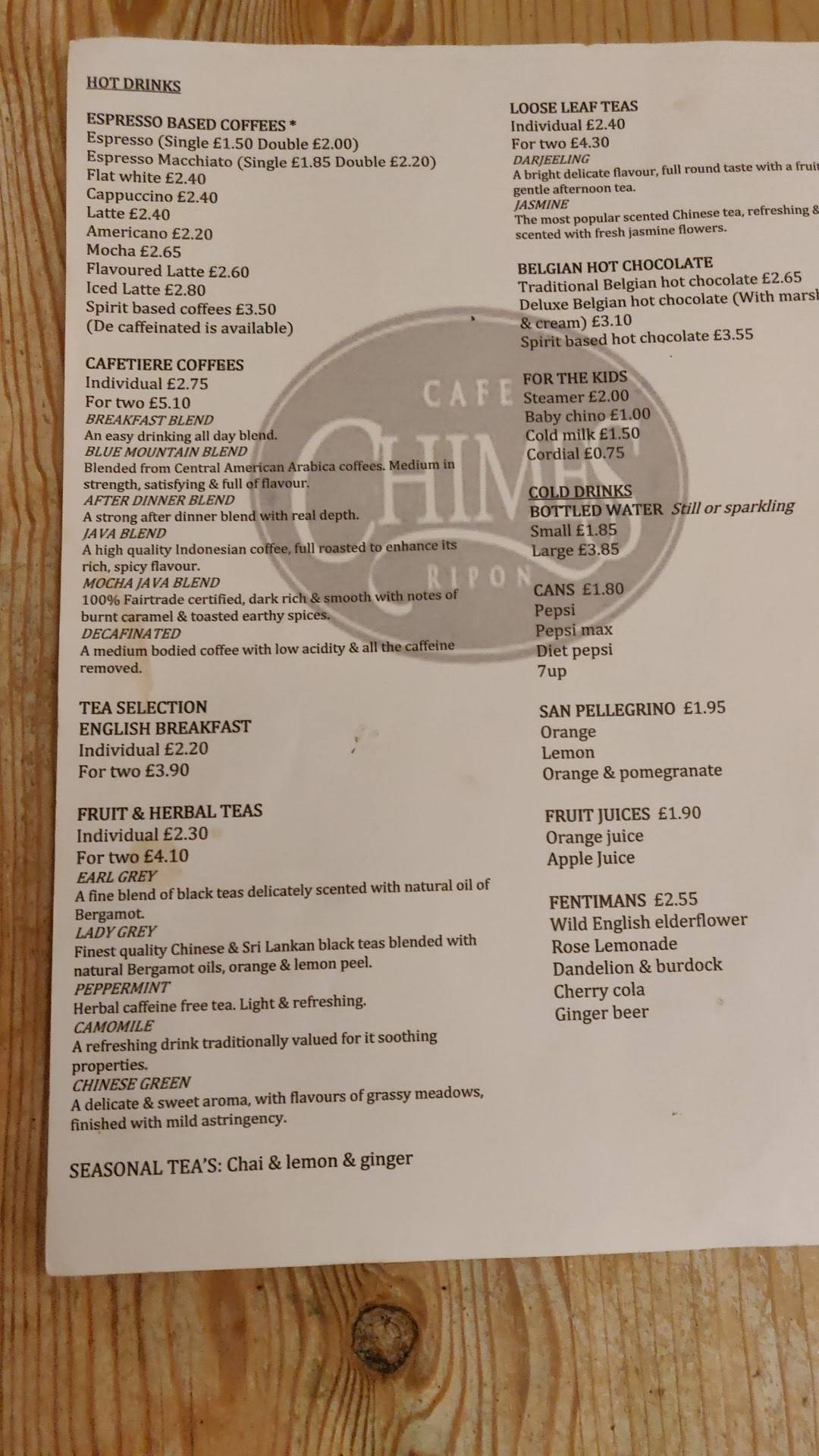 Menu at Chimes cafe, Ripon