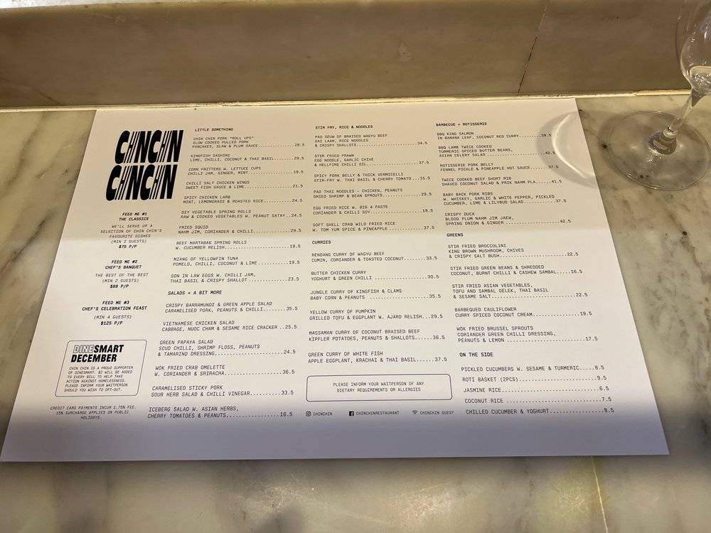 Menu at Chin Chin restaurant, Melbourne