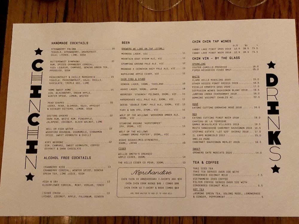 Menu at Chin Chin restaurant, Melbourne