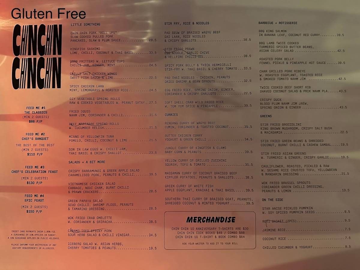 Menu at Chin Chin restaurant, Melbourne