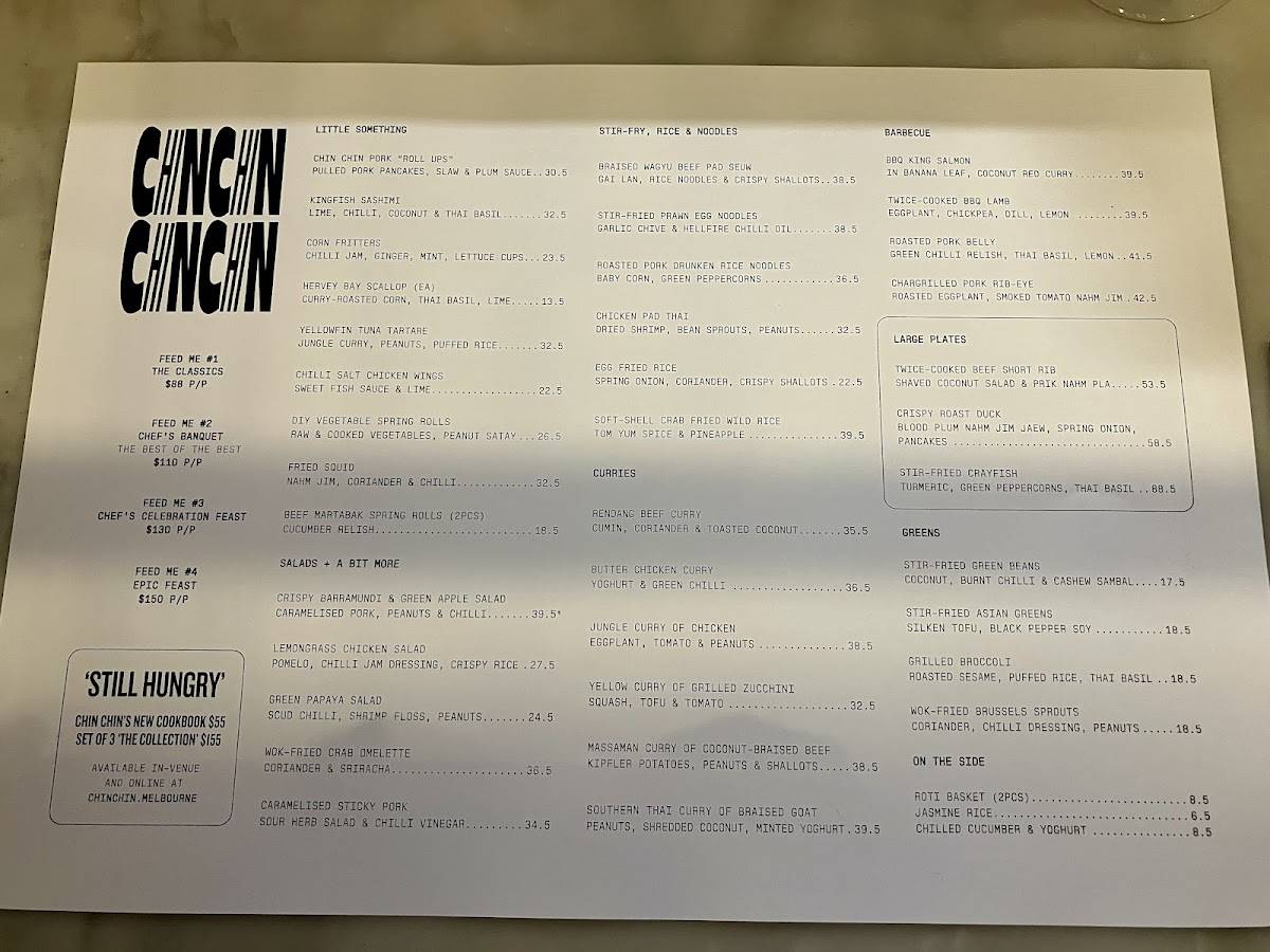 Menu at Chin Chin restaurant, Melbourne
