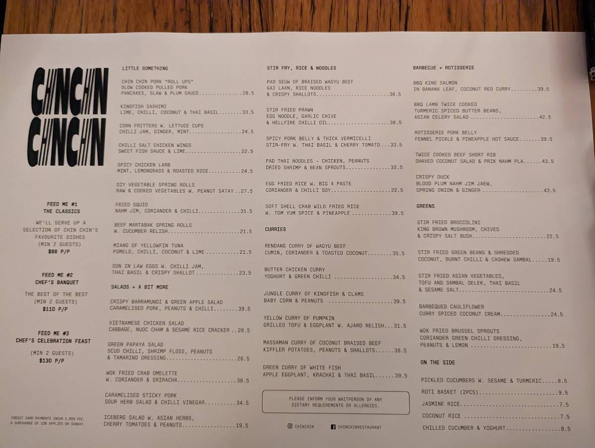 Menu at Chin Chin restaurant, Melbourne