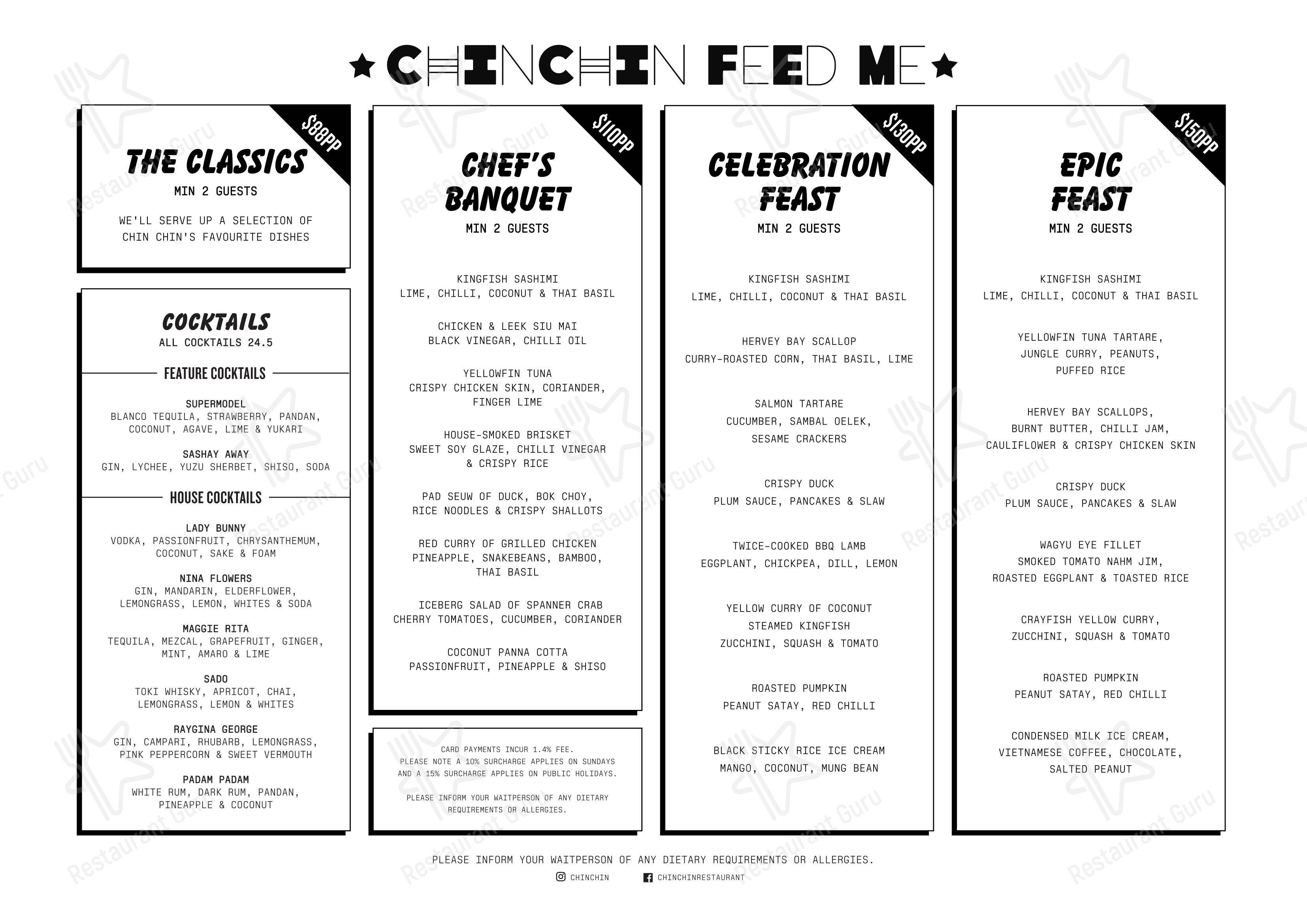 Menu at Chin Chin restaurant, Melbourne