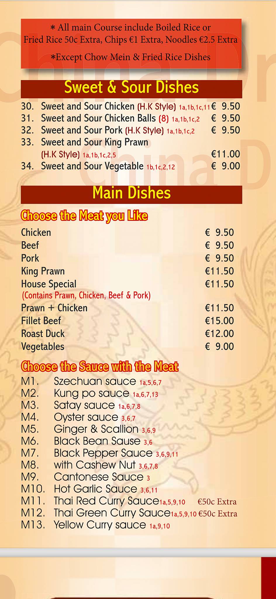 Menu at China Dragon restaurant, Fermoy