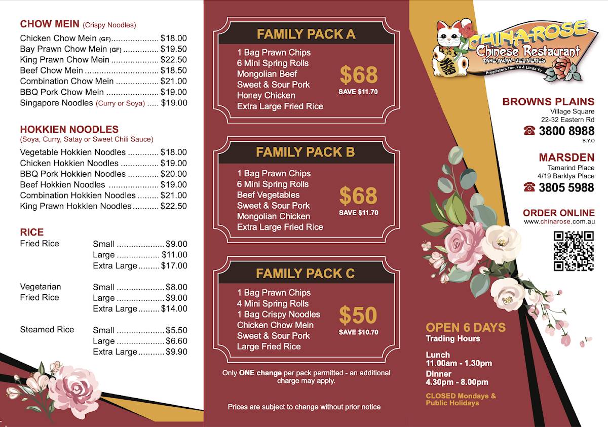 Menu at China Rose Chinese Restaurant (Browns Plains), Browns Plains ...