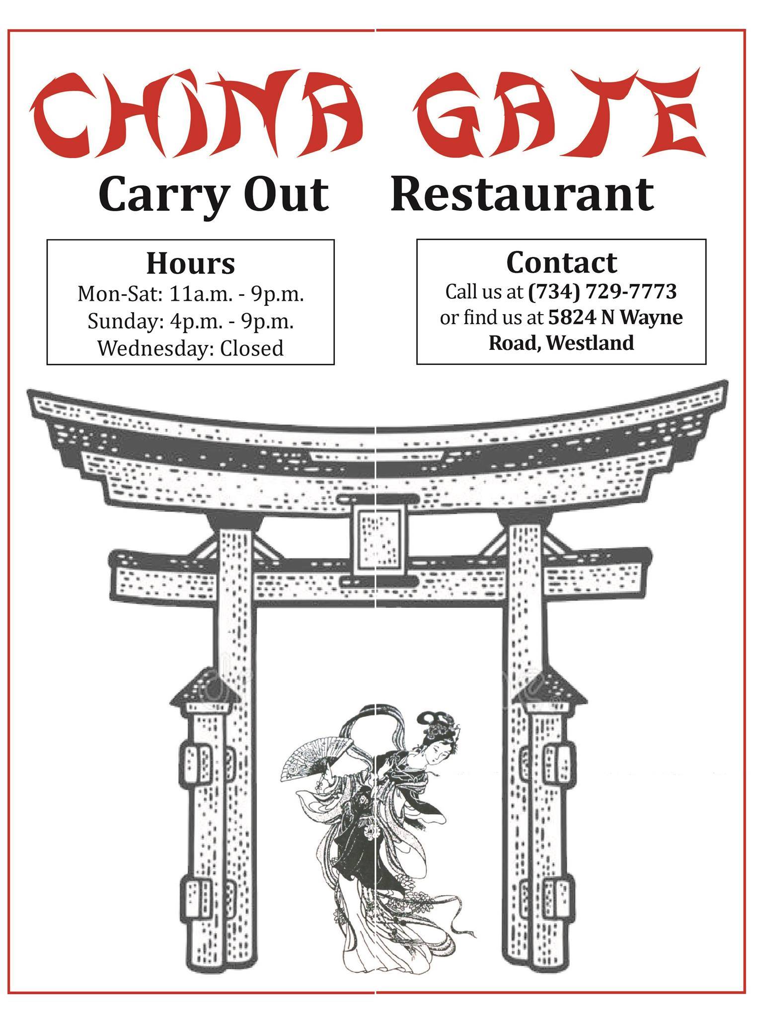 Menu at China gate restaurant, Westland, N Wayne Rd