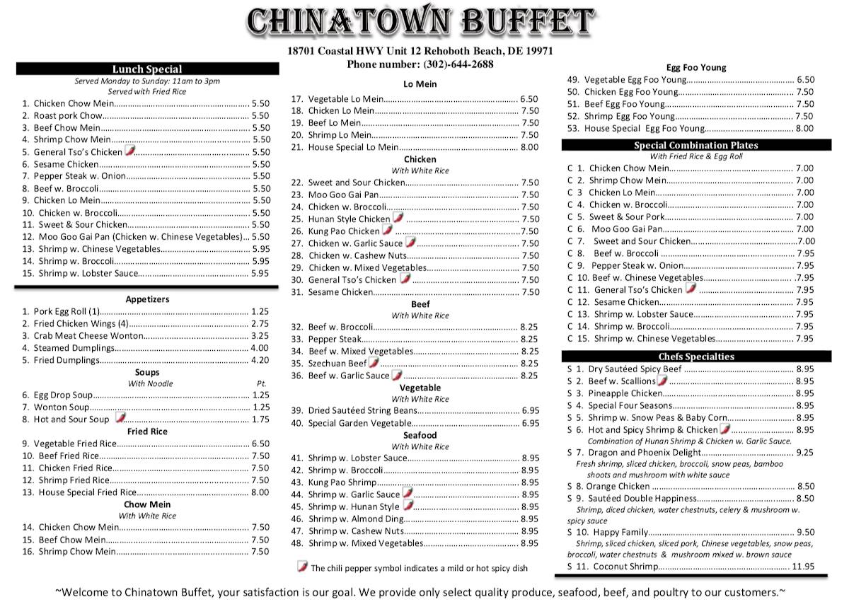 Menu at Chinatown Buffet & Grill restaurant, Rehoboth Beach, Coastal ...