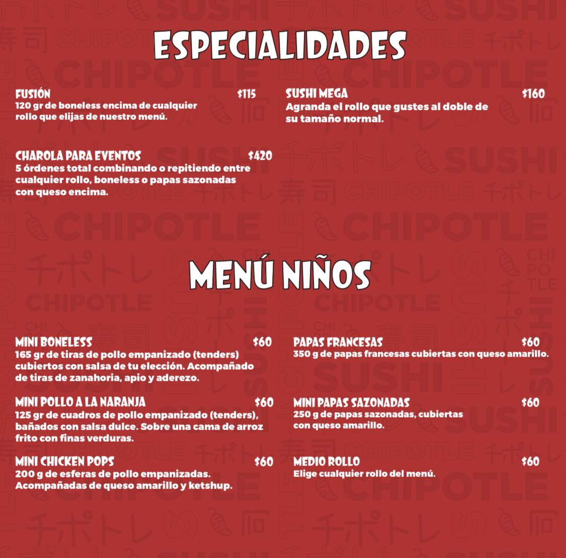 Carta del restaurante Chipotle Sushi Villa Bonita, Hermosillo