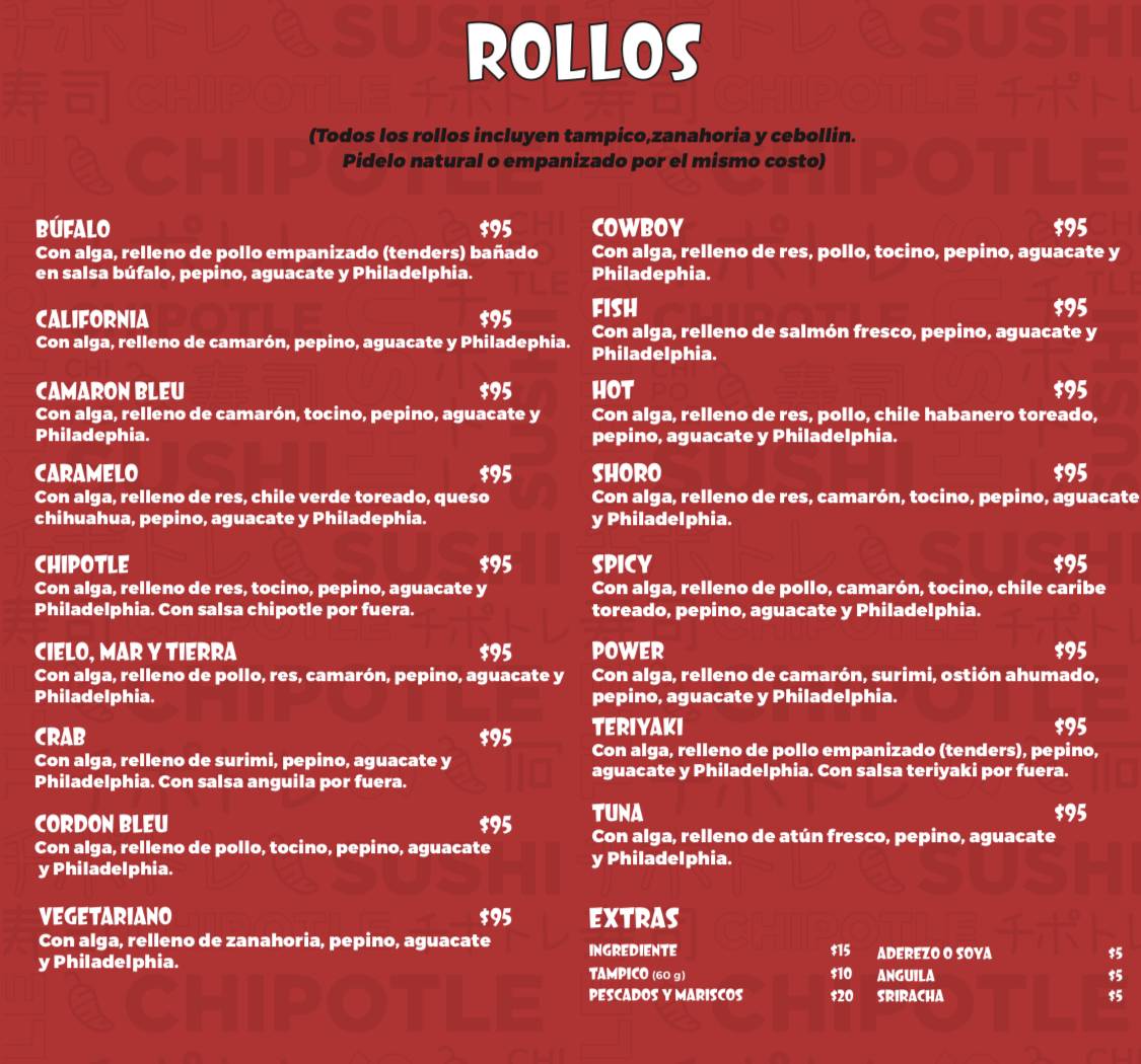 Carta del restaurante Chipotle Sushi Villa Bonita, Hermosillo