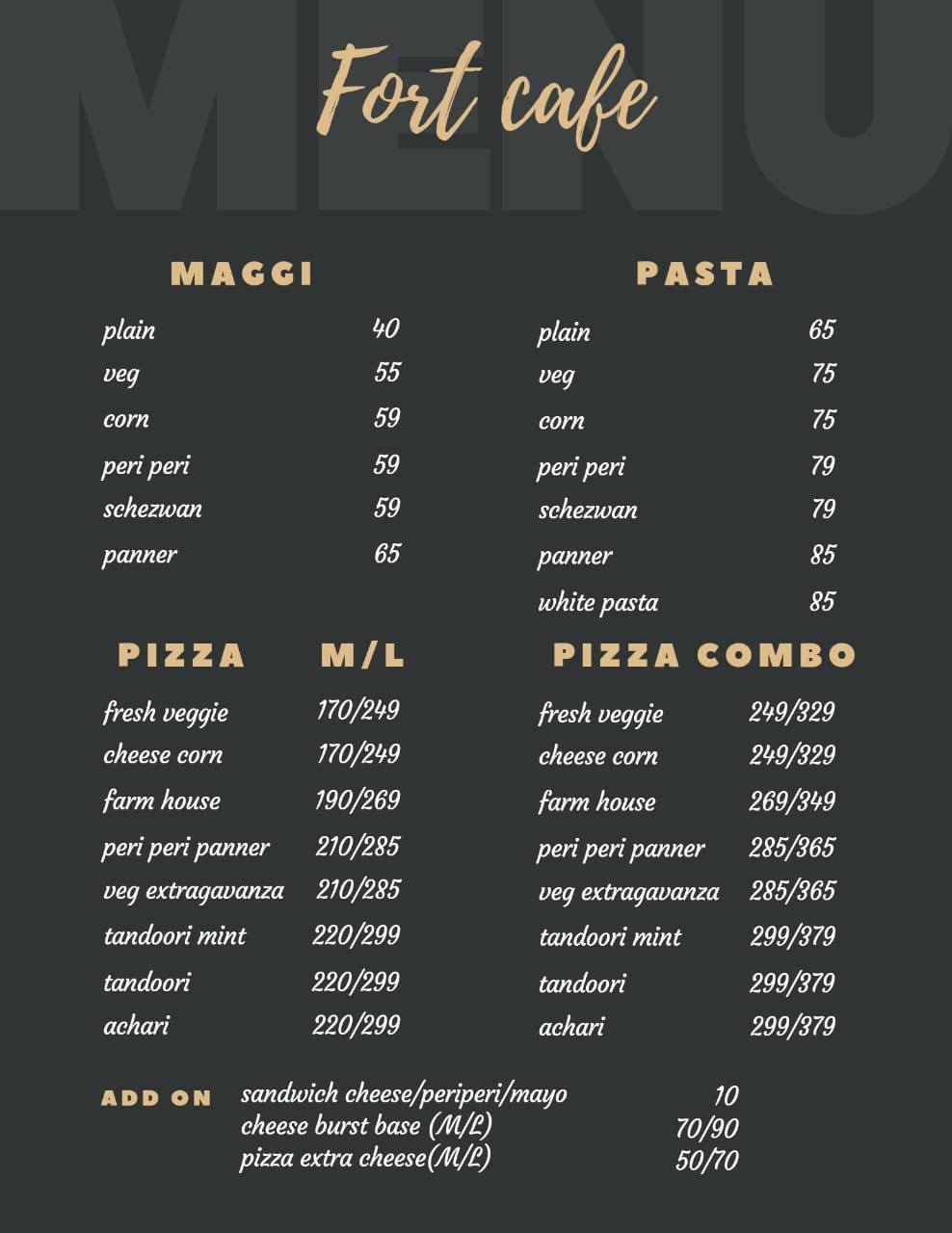 Menu at FORT CAFE, Chitradurga