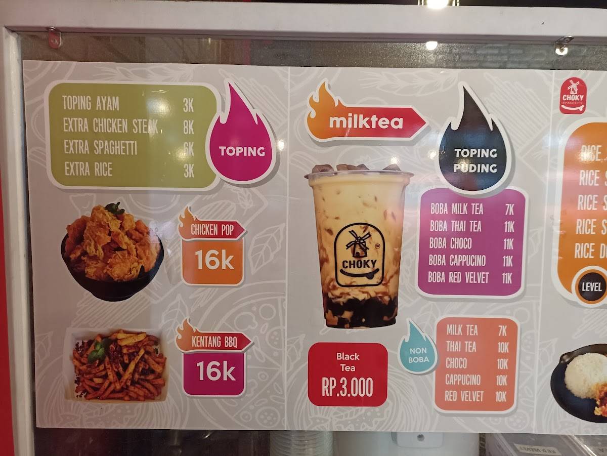 Carta del restaurante Choky Spaghetti & Milk Tea, Indonesia