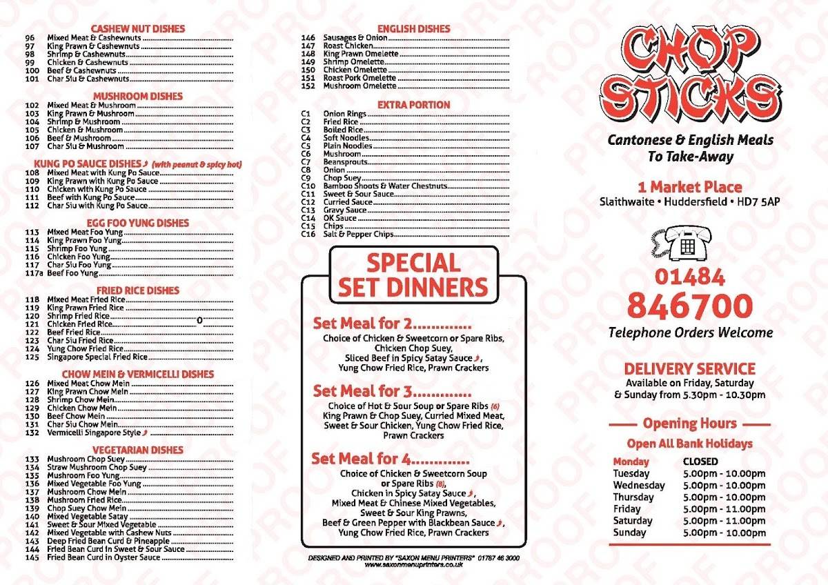 Menu at Chop Sticks fast food, Huddersfield