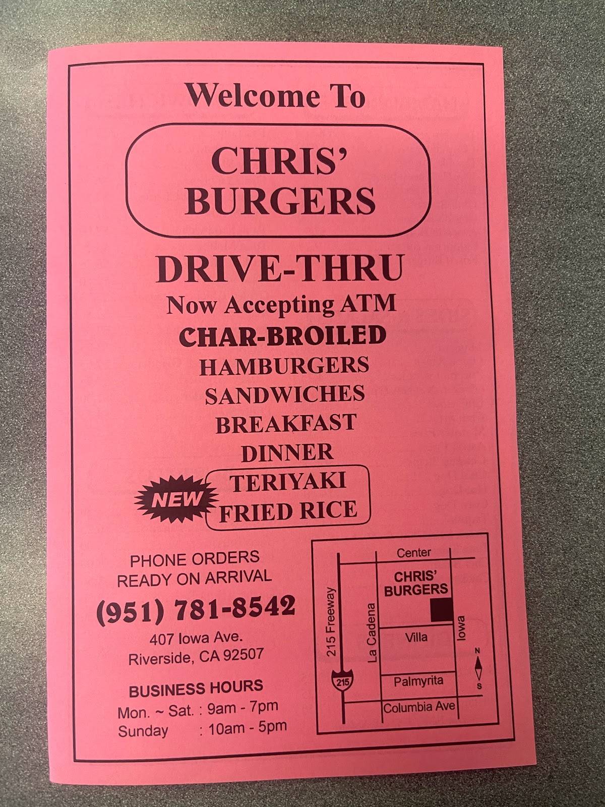 Menu at Chris' Burgers restaurant, Riverside