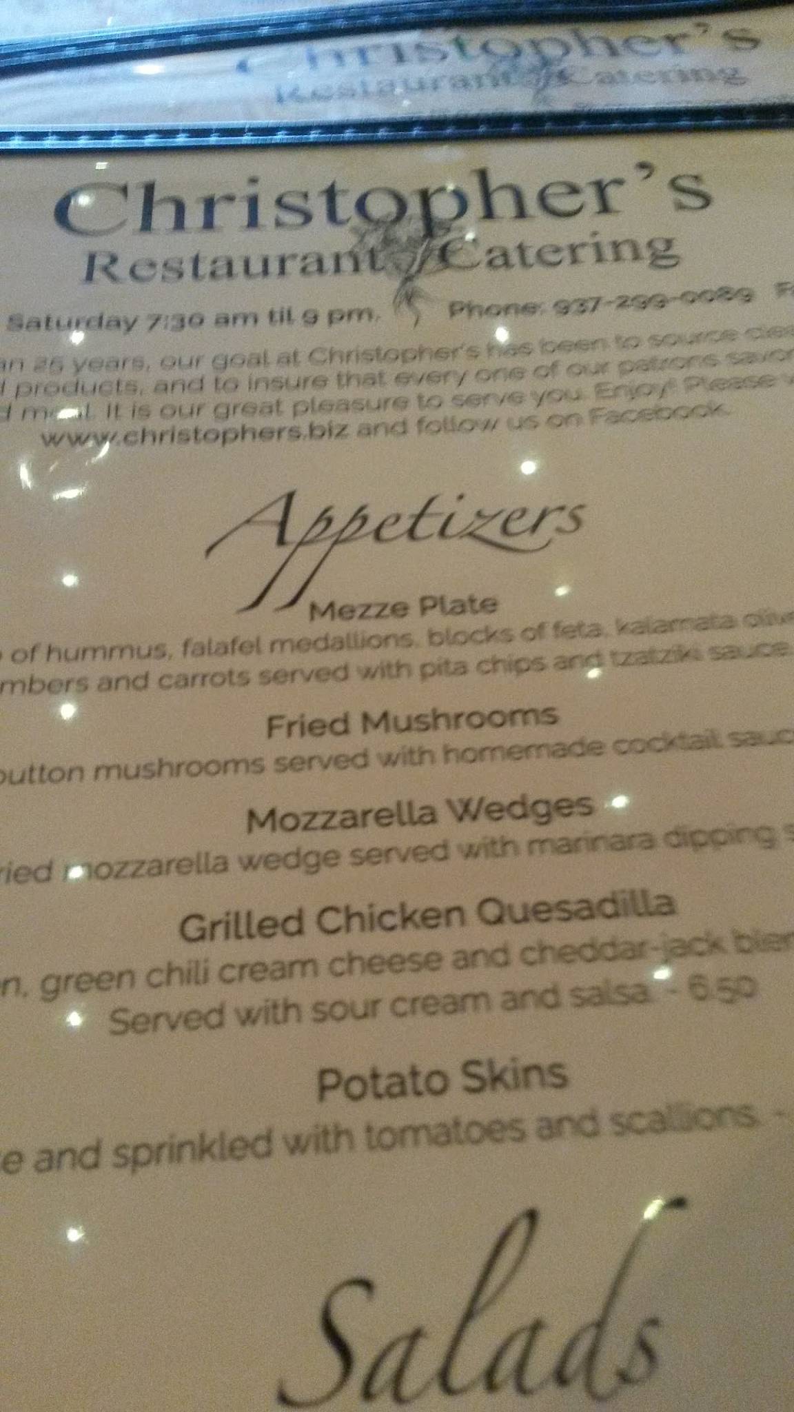 Menu at Christopher's Restaurant & Catering, Dayton