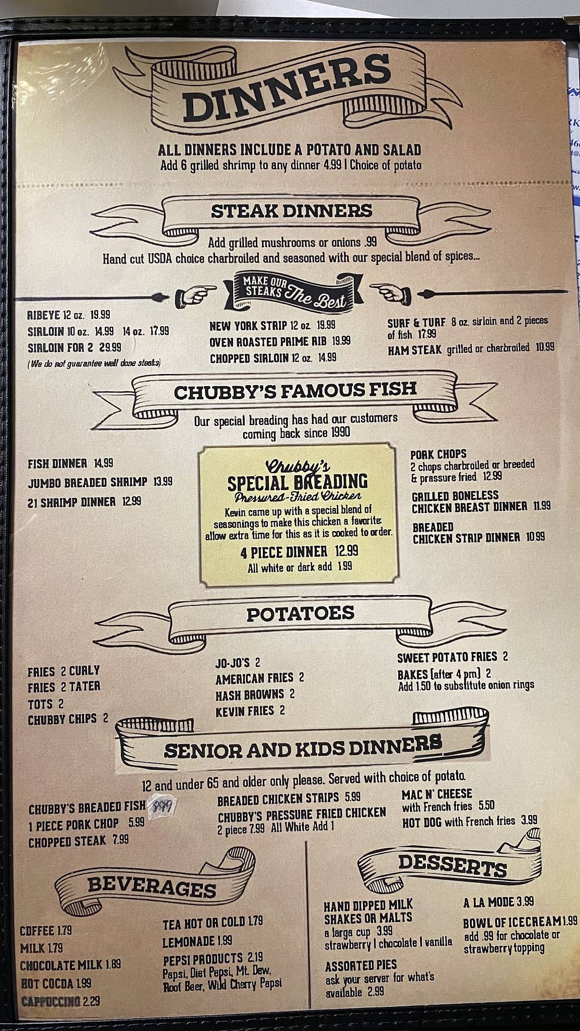 Menu at Chubby's Fish & Steak steakhouse, Orland