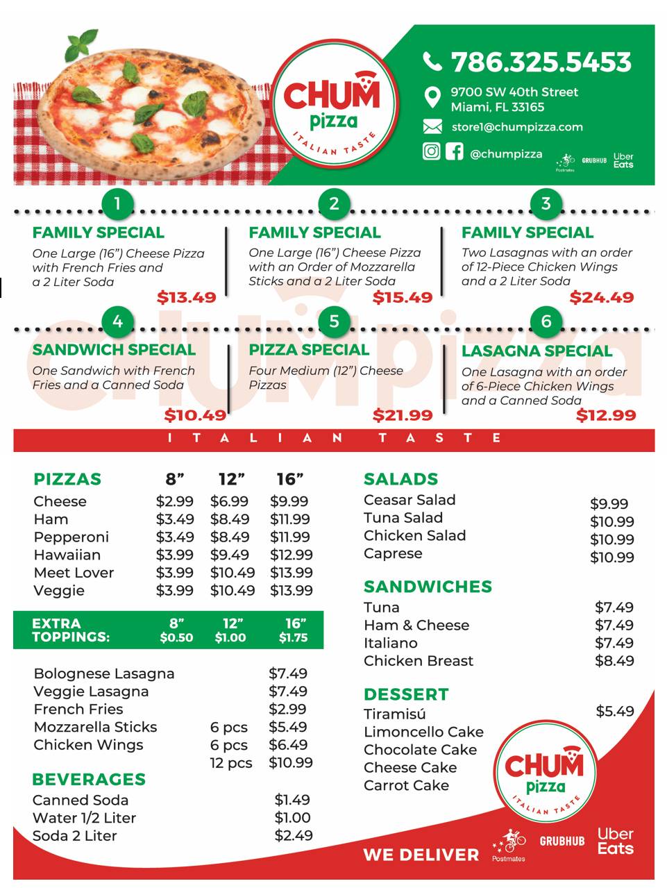 Menu at Chum Pizza restaurant, Miami, SW 40th St