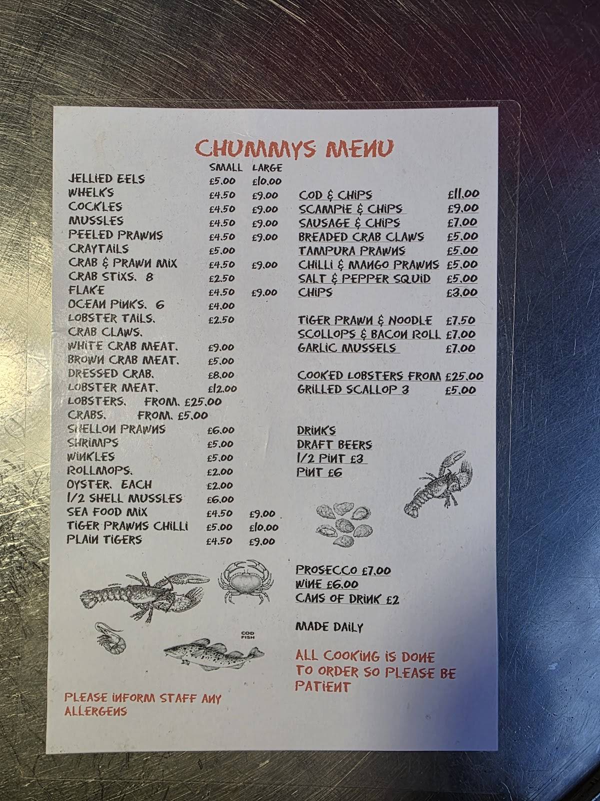 Menu at Chummys restaurant, Folkestone