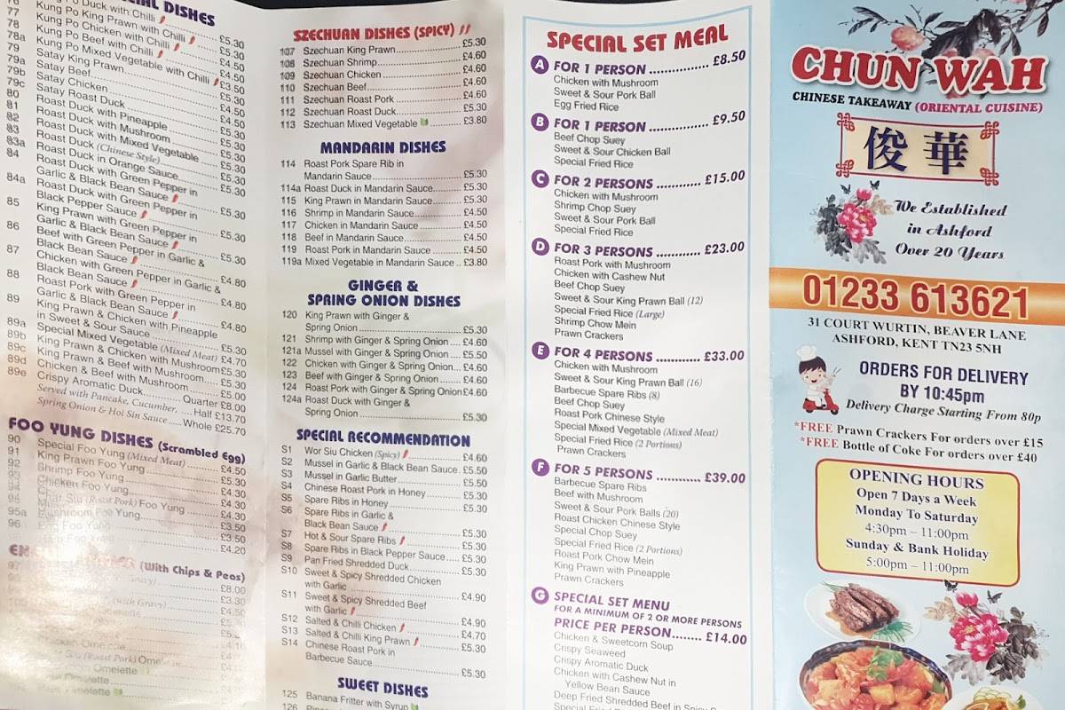 Menu at Chun Wah fast food, Ashford