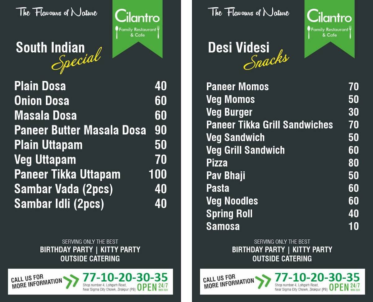 Menu at Cilantro-Restaurant & Cafe, Zirakpur