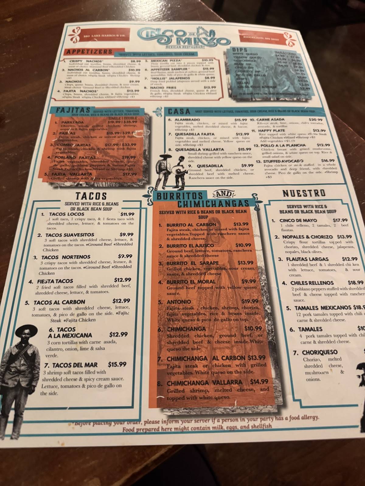 Menu at Cinco De Mayo restaurant, Ridgeland, 880 Lake Harbour Dr