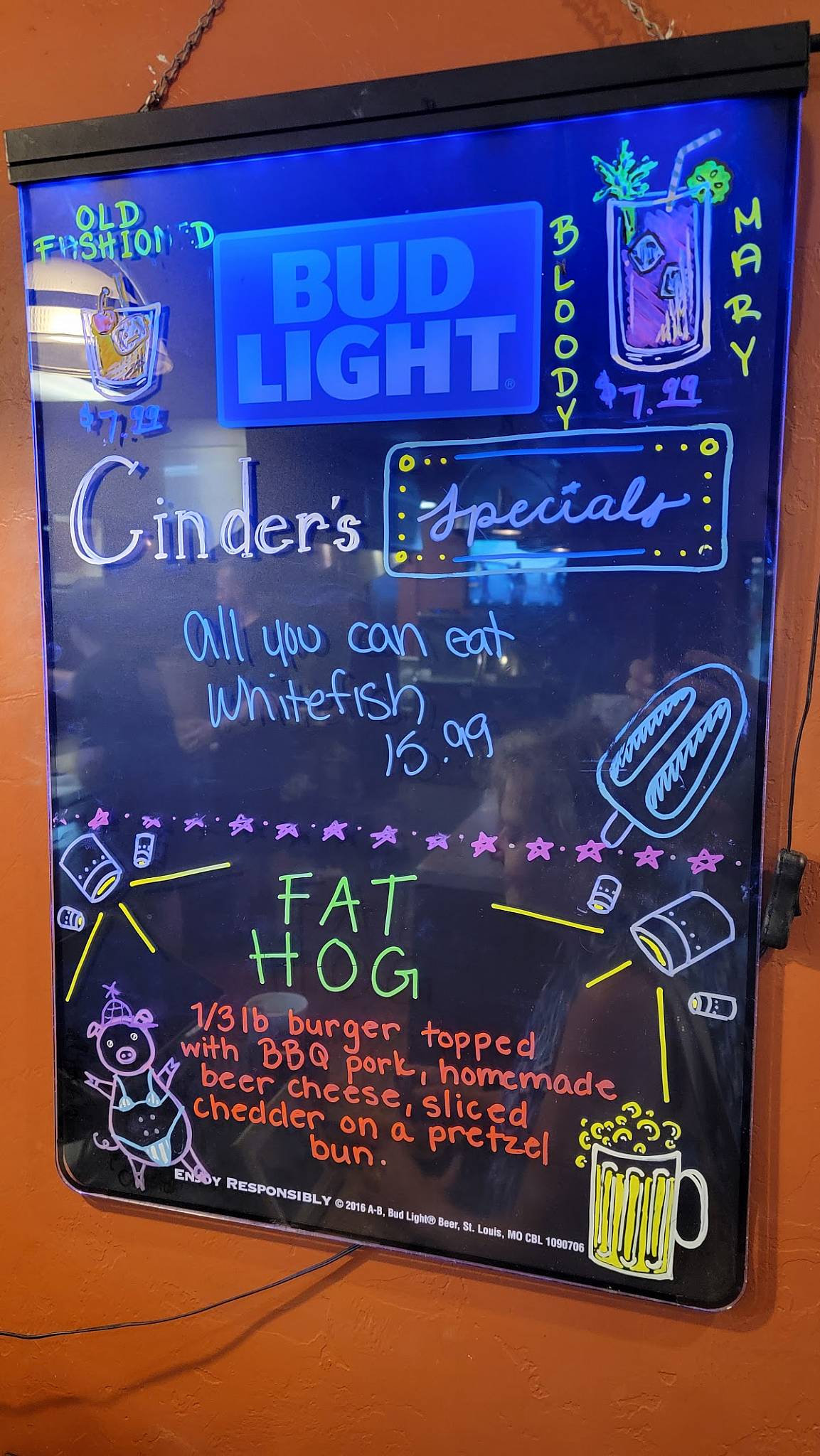 Menu at Cinders Charcoal Grill restaurant, Oshkosh