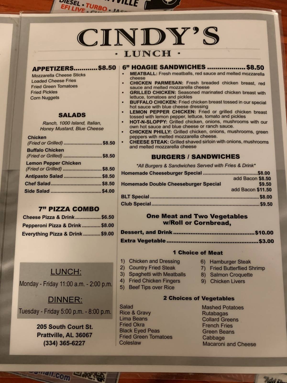 Menu at Cindy's Cafe, Prattville