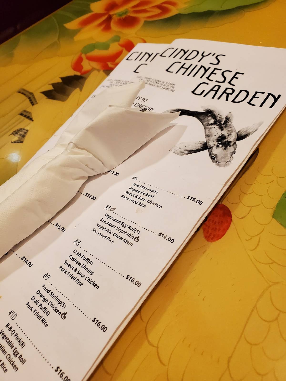 Menu at Cindy's Chinese Garden restaurant, Redmond