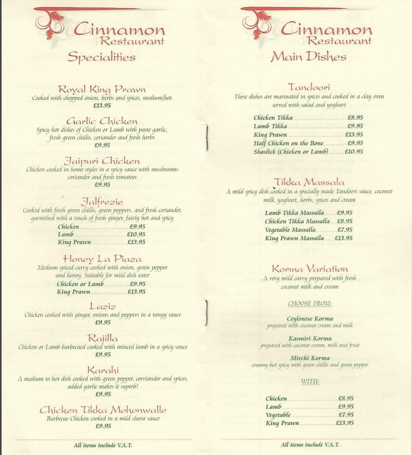 Menu at Cinnamon Restaurant, Inverness