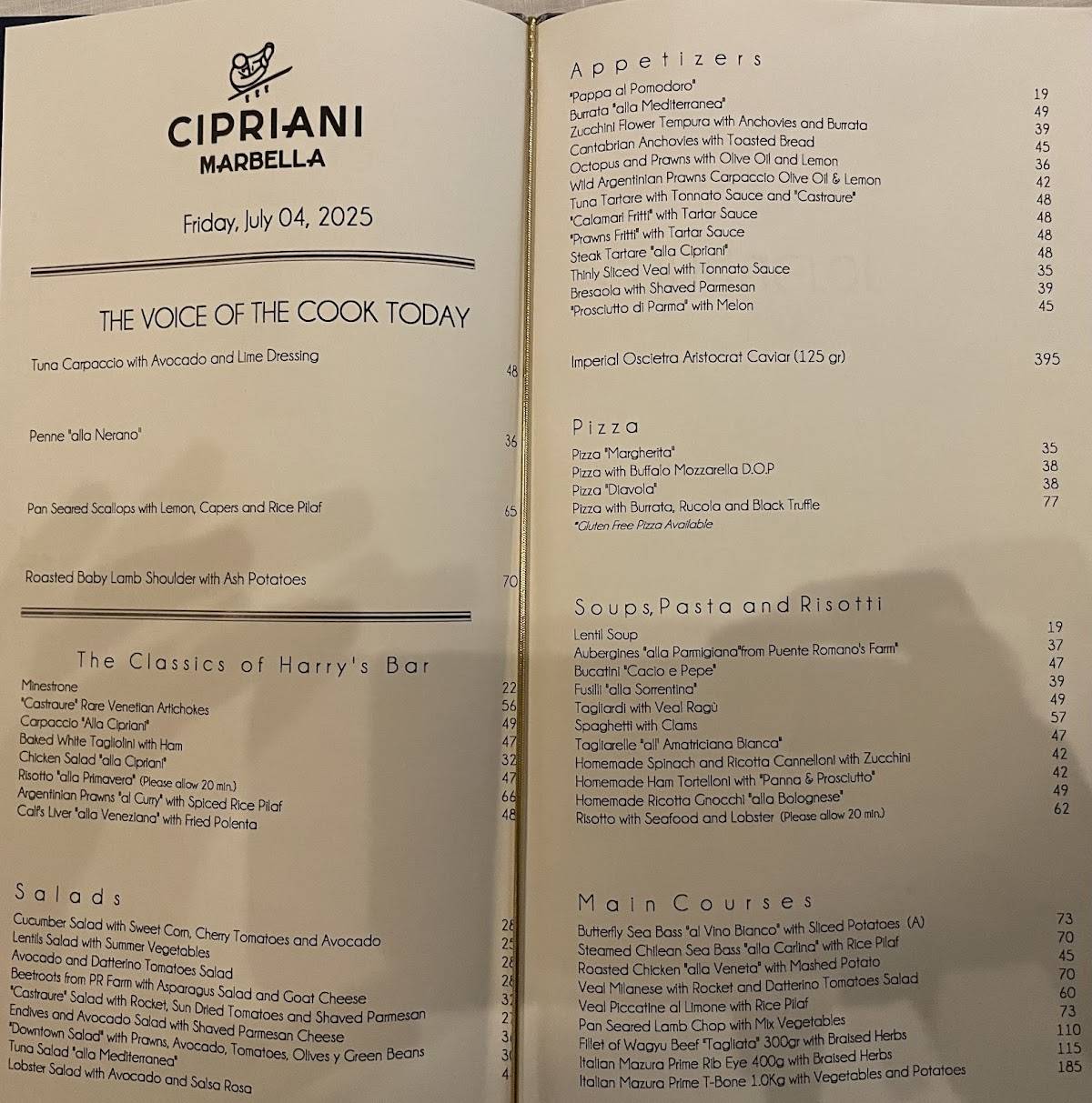 Menu at Cipriani Marbella restaurant, Marbella