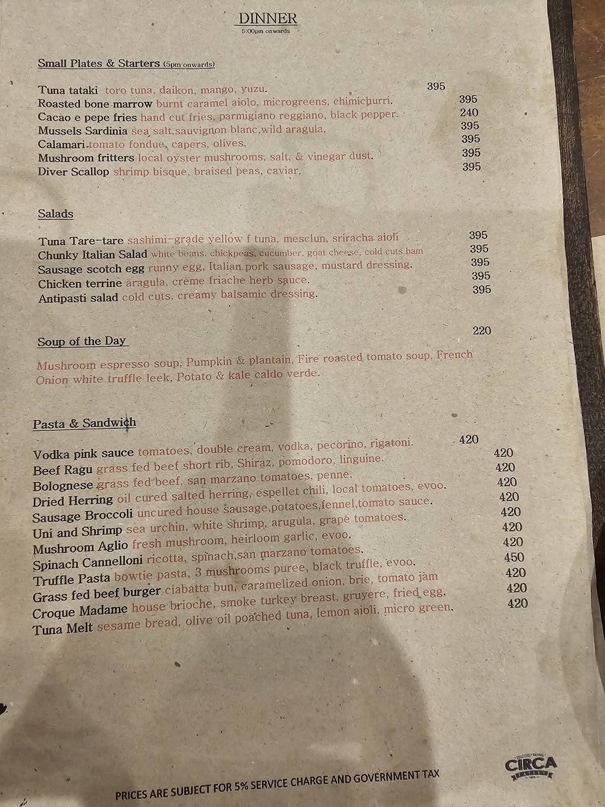 Menu at Circa 1850 restaurant, Cagayan de Oro, 890 Recto Ave