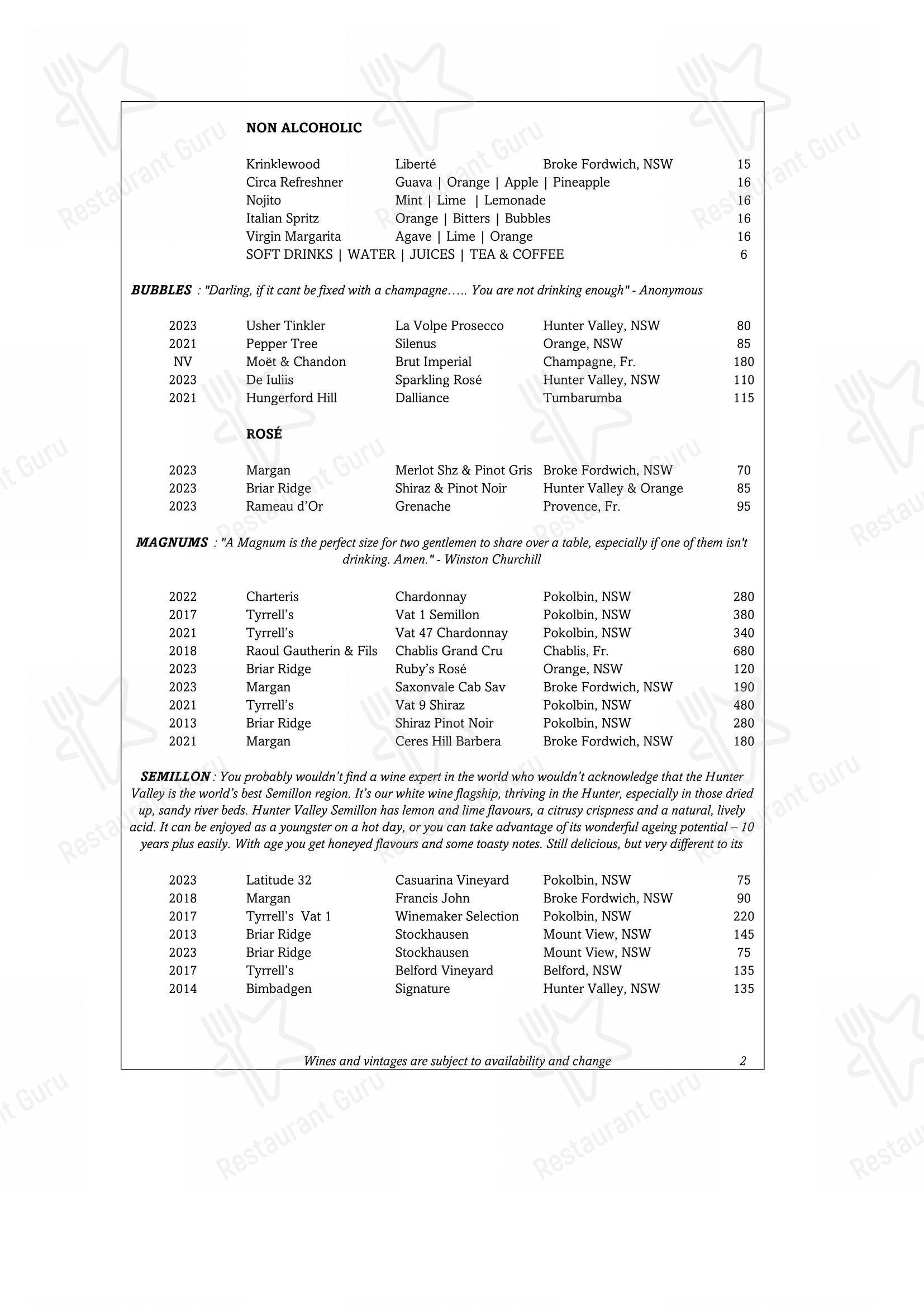 Menu at Circa 1876 Restaurant The Convent Hunter Valley, Pokolbin