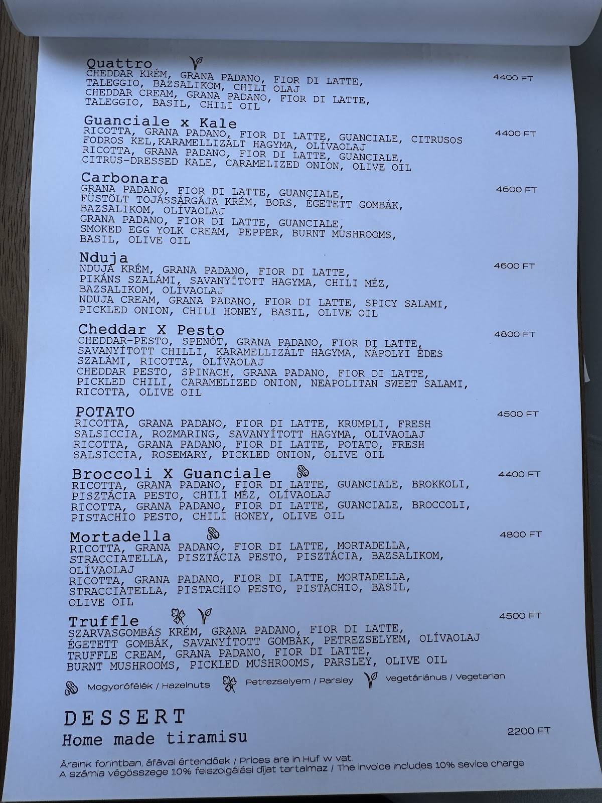 Menu at Circo Pizza restaurant, Budapest