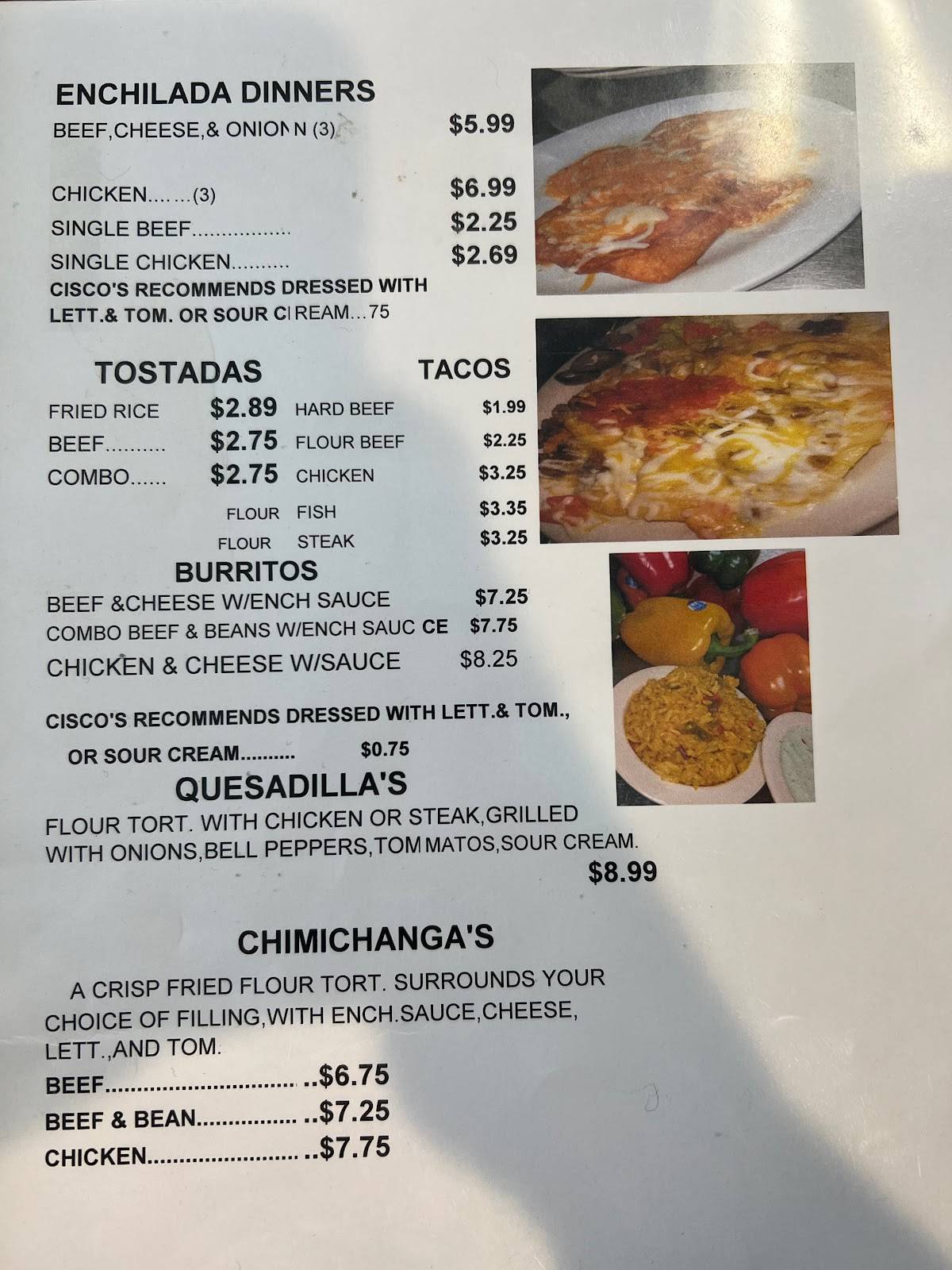 Menu at Cisco's Restaurant, Milton