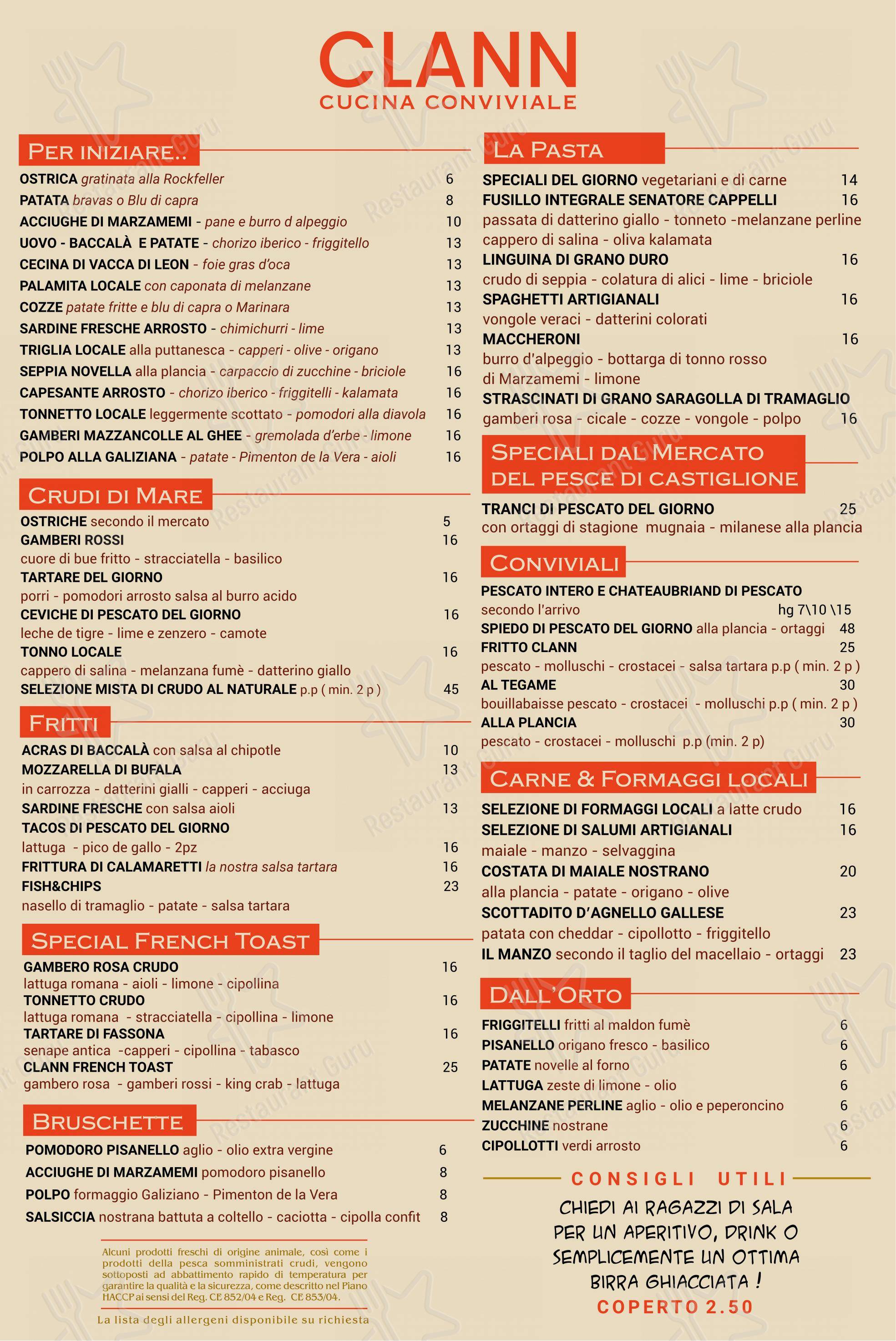 Speisekarte von Clann restaurant, Castiglione della Pescaia