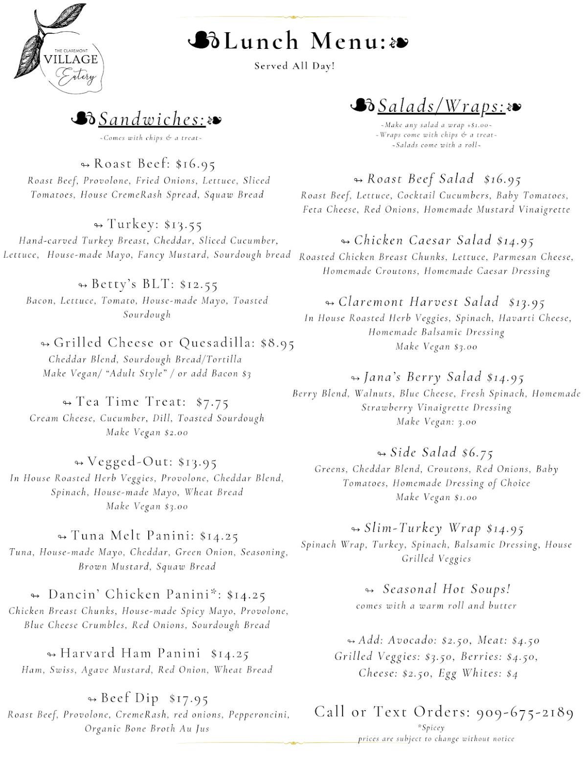 Menu at Claremont Village Eatery restaurant, Claremont
