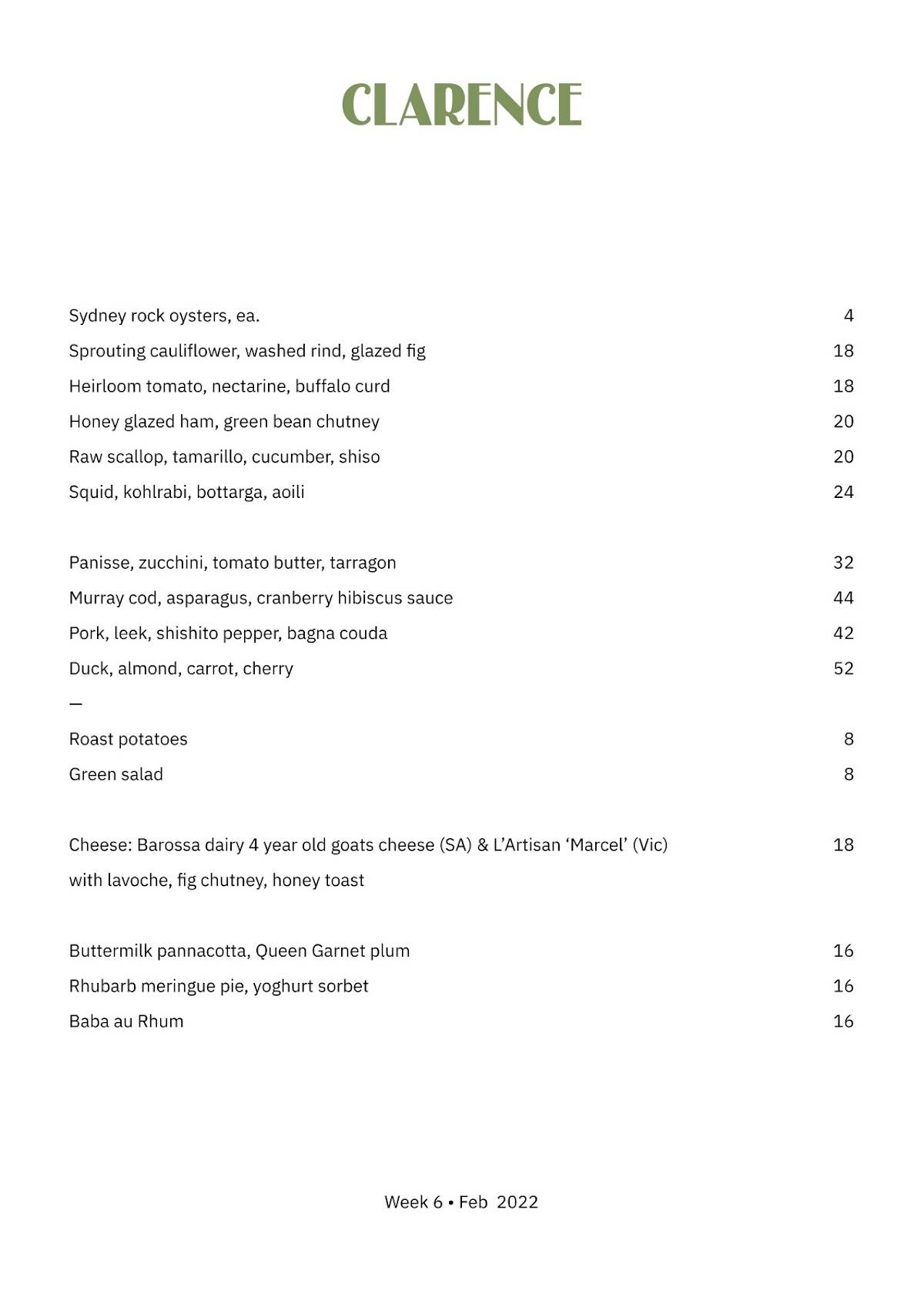 Menu at Clarence Restaurant, Woolloongabba