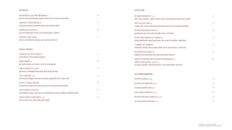 Menu at Clay at Wildflower Farms restaurant, Gardiner