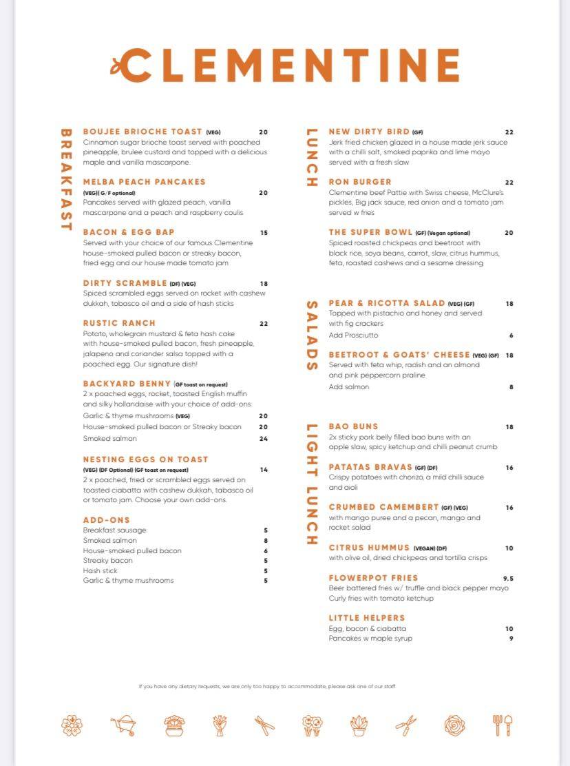 Menu at Clementine cafe, Cambridge