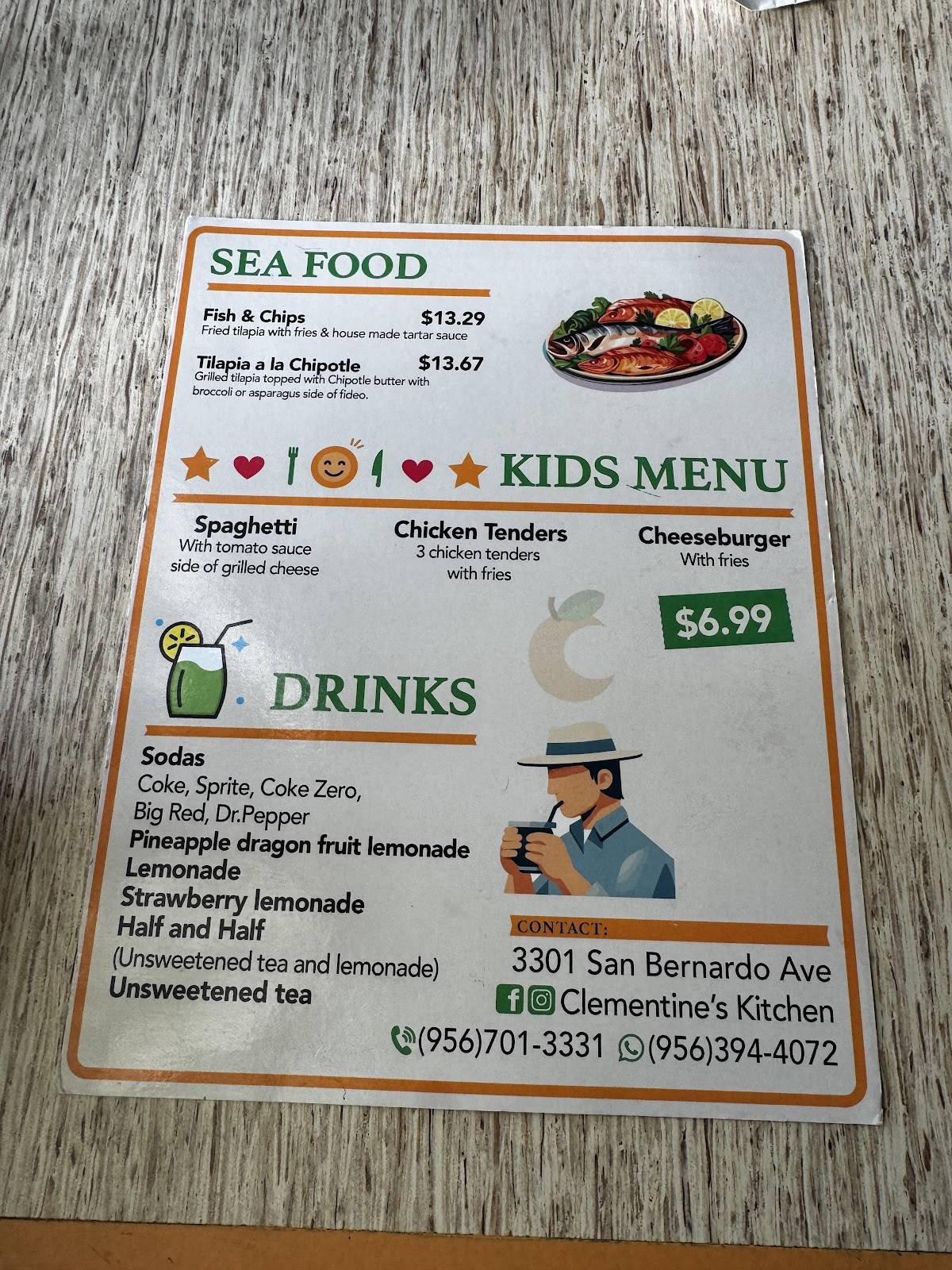 Menu at Clementine's Kitchen restaurant, Laredo