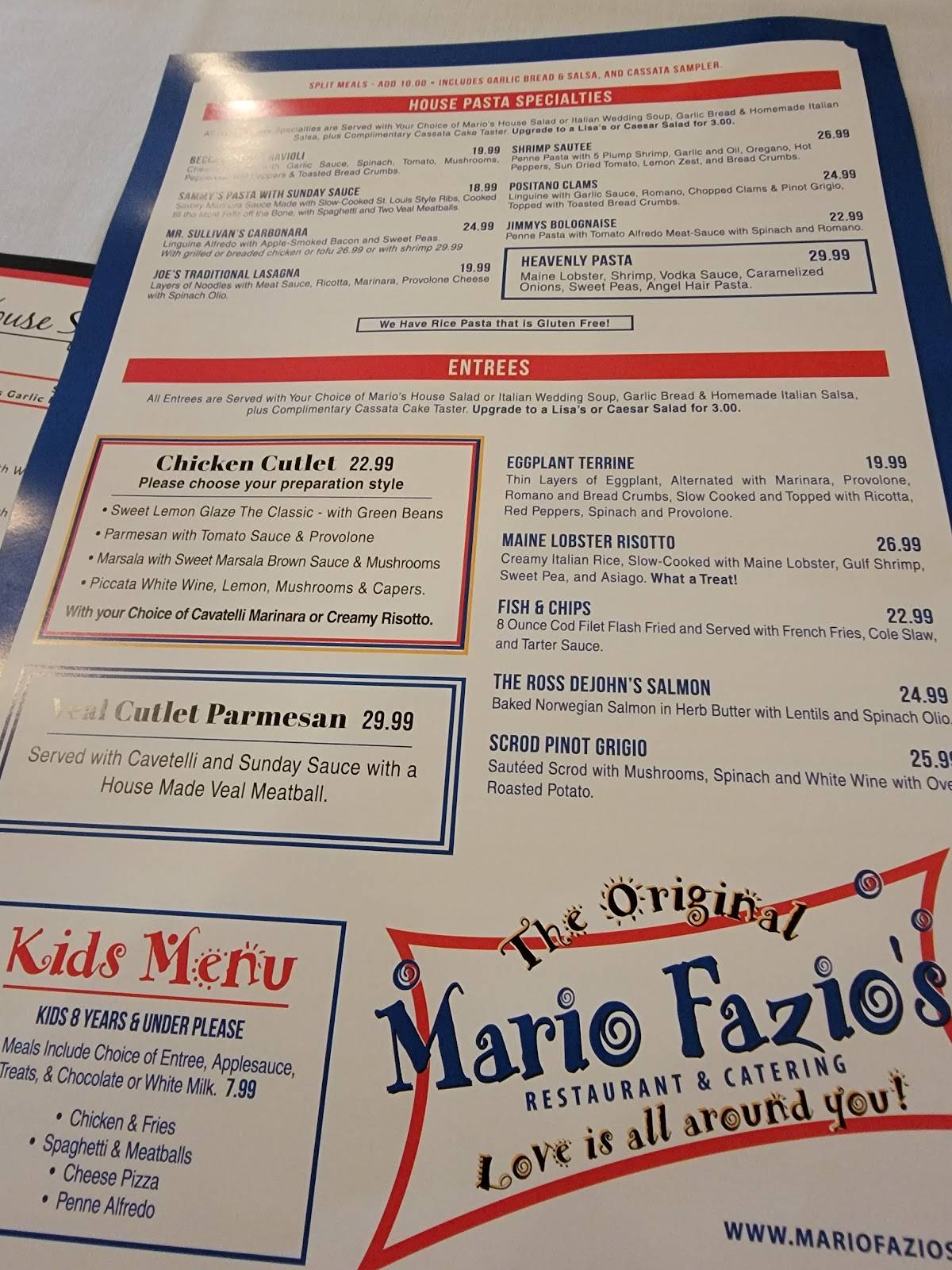 Menu at The Original Mario Fazio’s restaurant, Willoughby Hills