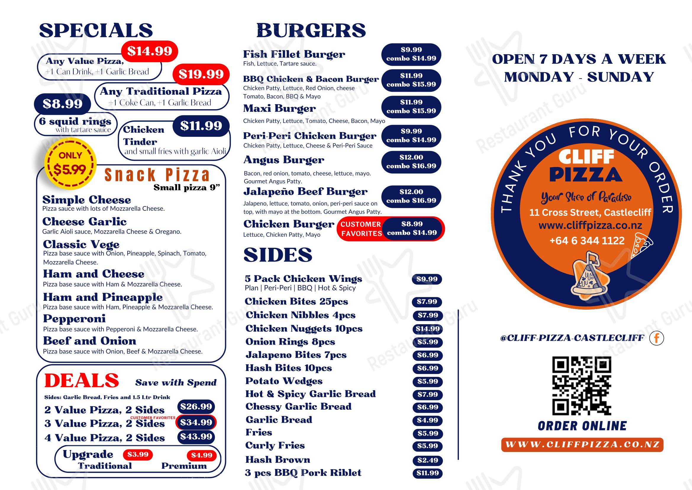 Menu at Cliff Pizza Wanganui restaurant, Whanganui