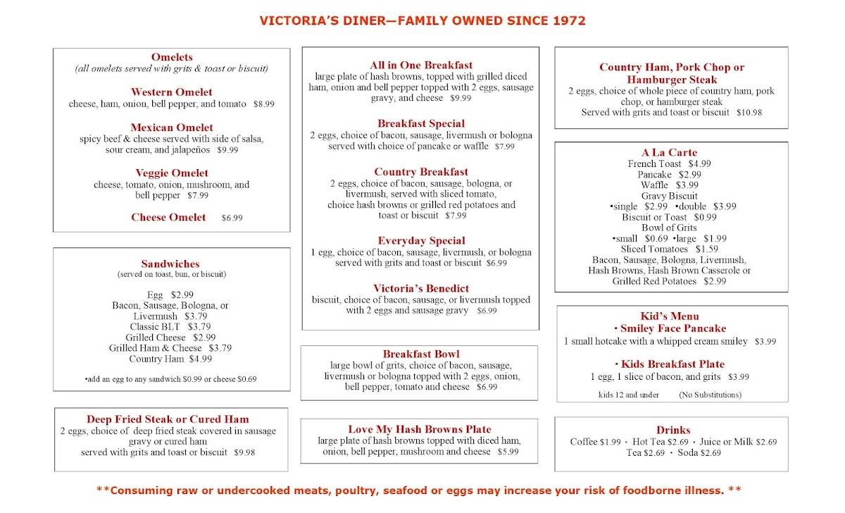 Menu at Victoria's Diner restaurant, Clover