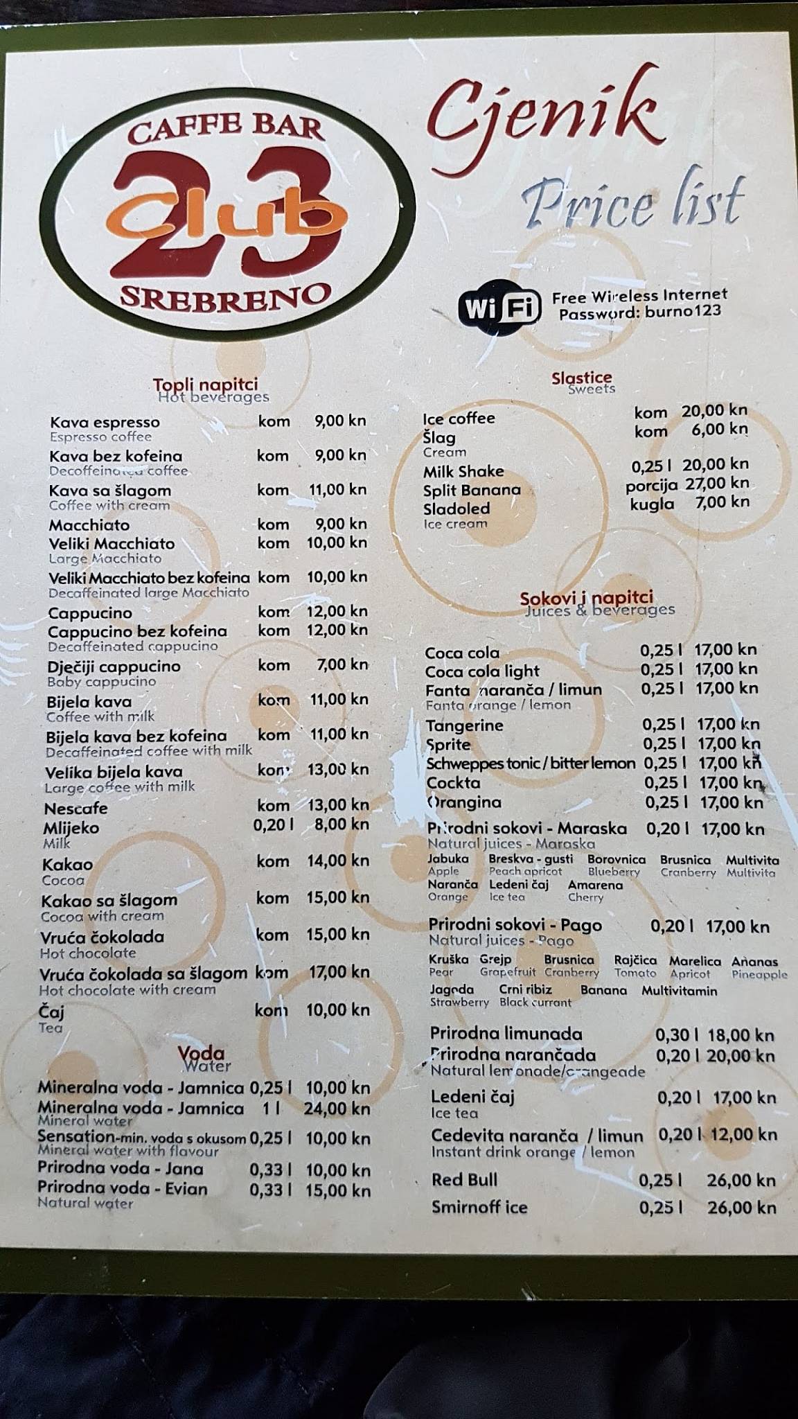 Menu at Club 23, Srebreno