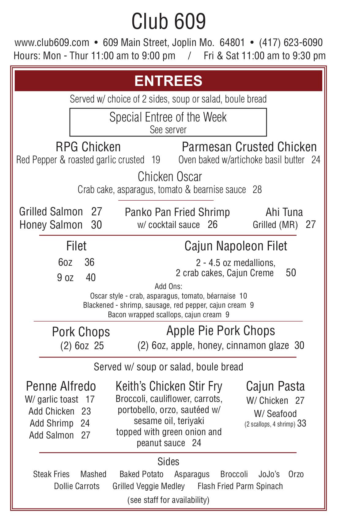 Menu at Club 609 Restaurant & Bar, Joplin, 609 S Main St