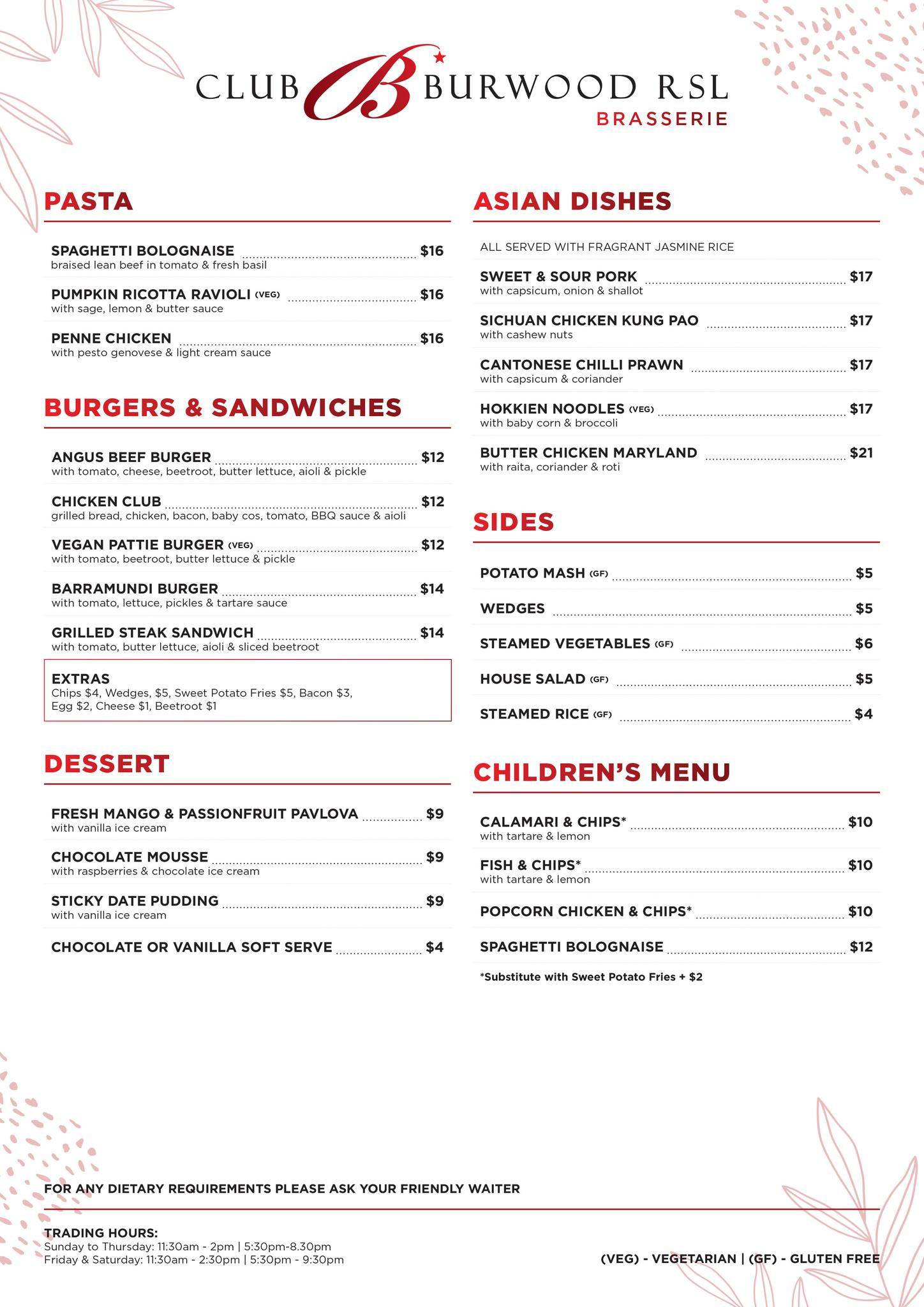 Menu at Club Burwood RSL, Burwood