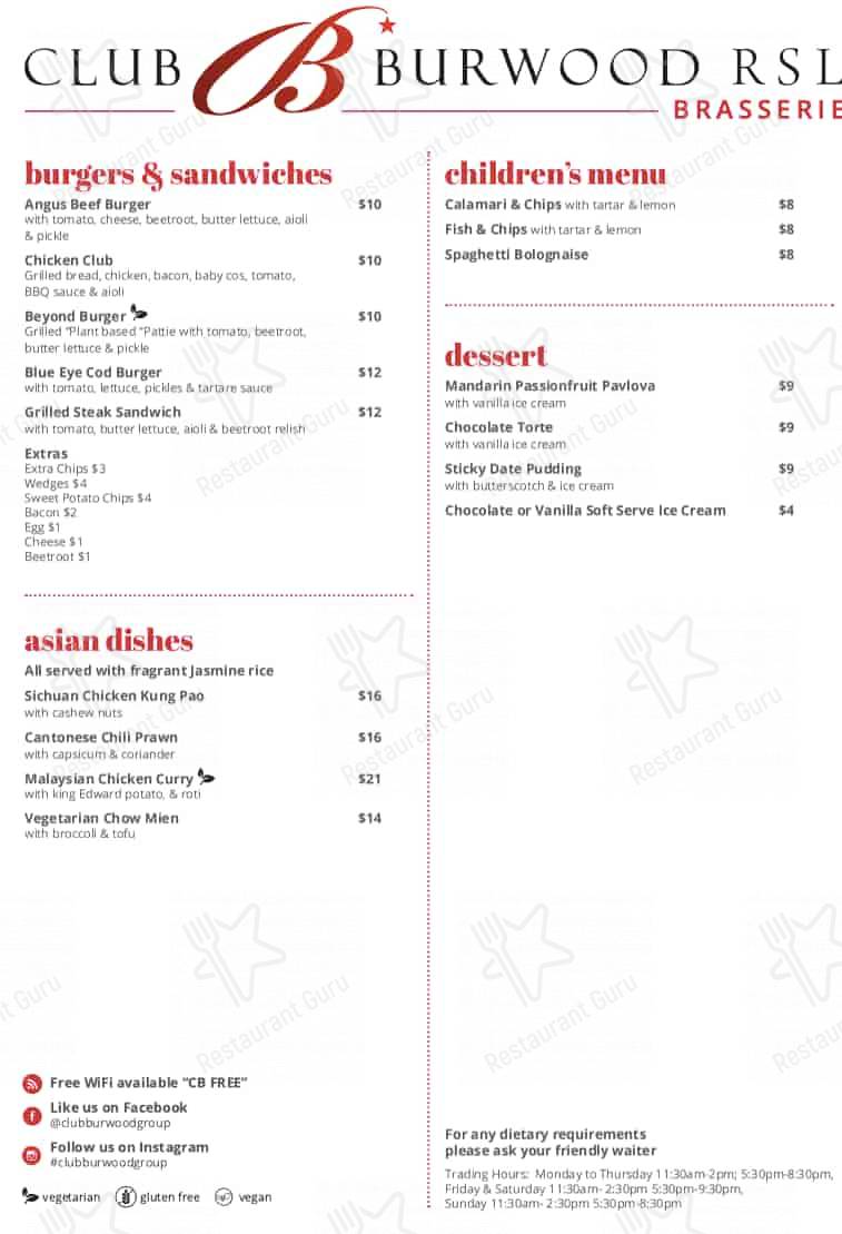 Menu at Club Burwood RSL, Burwood